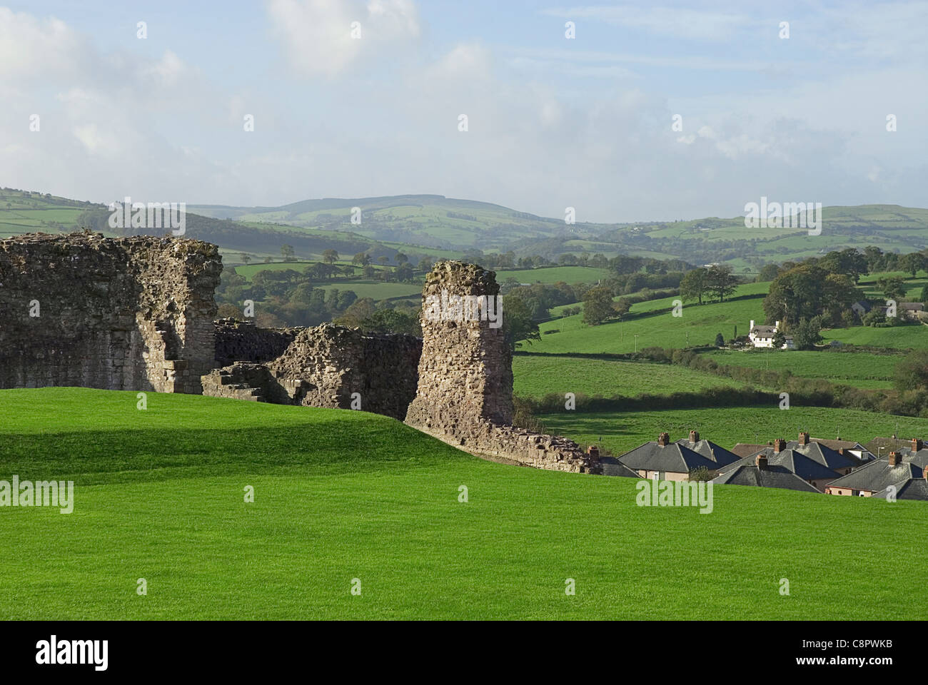 Great Britain, Wales, Denbigh Castle, view of ruins, village and hills ...