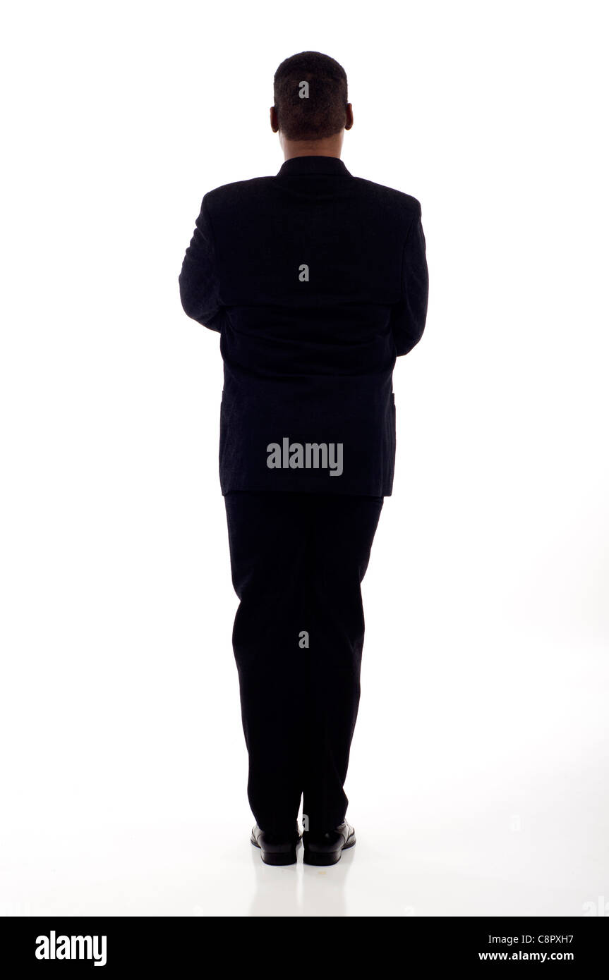 Full length African American business man standing back view isolated ...