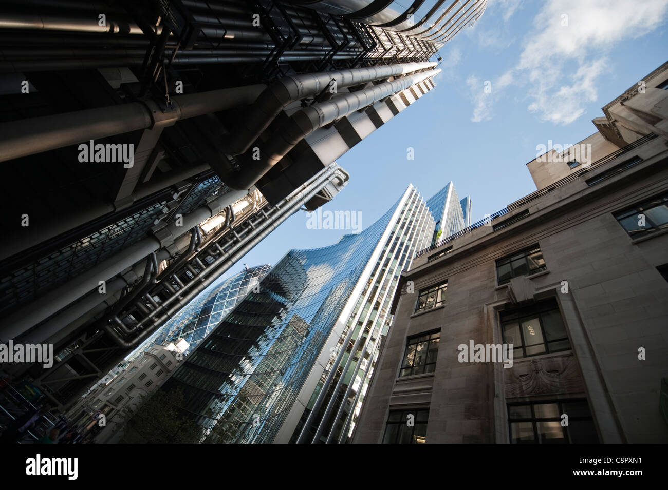Contemporary architecture styles in the City of London, looking upwards ...