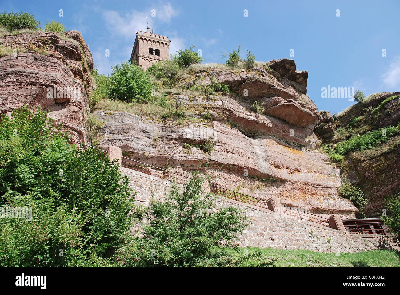 France, Lorraine, Rocher de Dabo, view of rock with chapel on top Stock ...