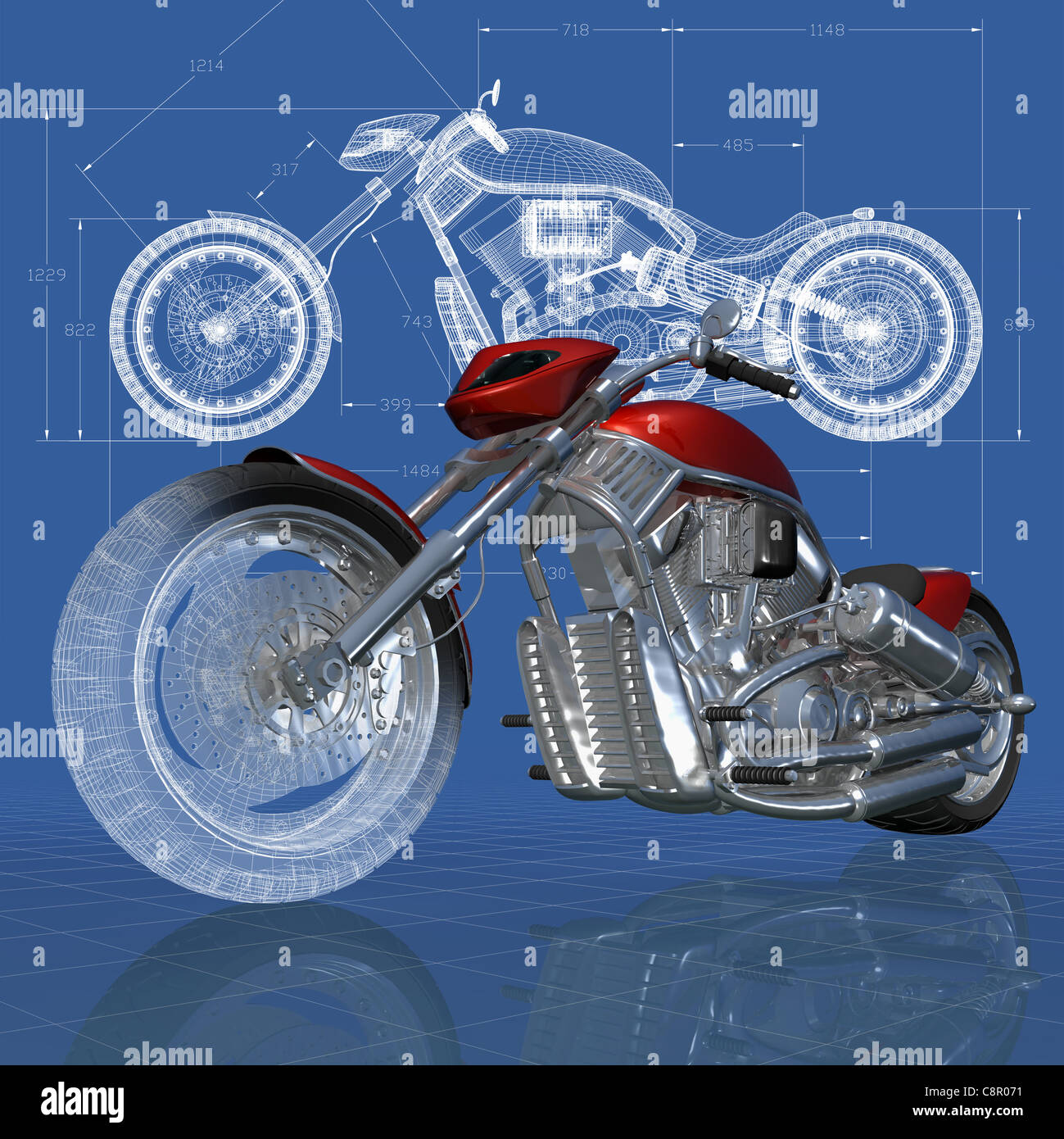 3D isometric view of motorcycle on the engineer's drawing Stock Photo ...