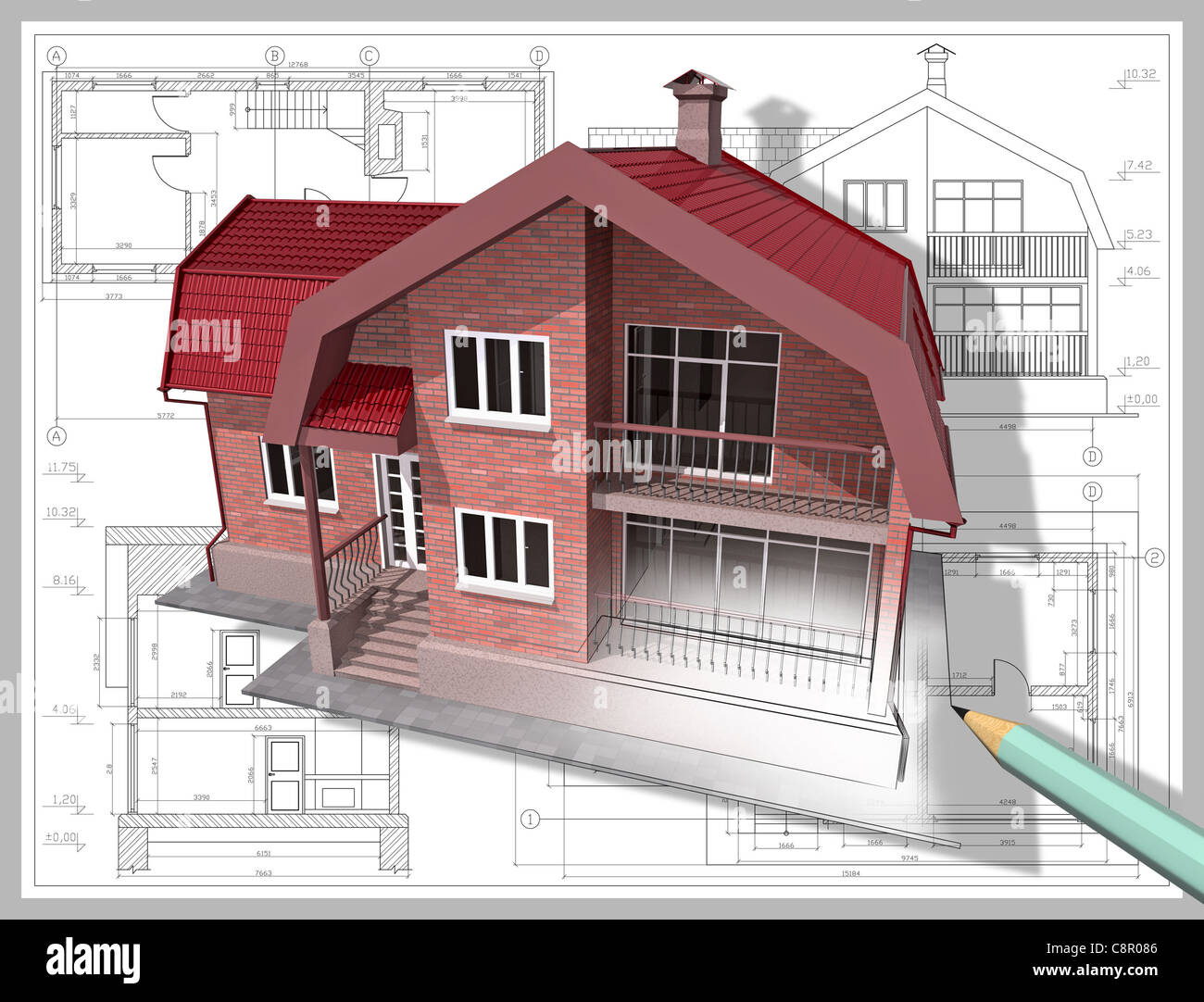 3D isometric view the residential house on architect's drawing Stock ...