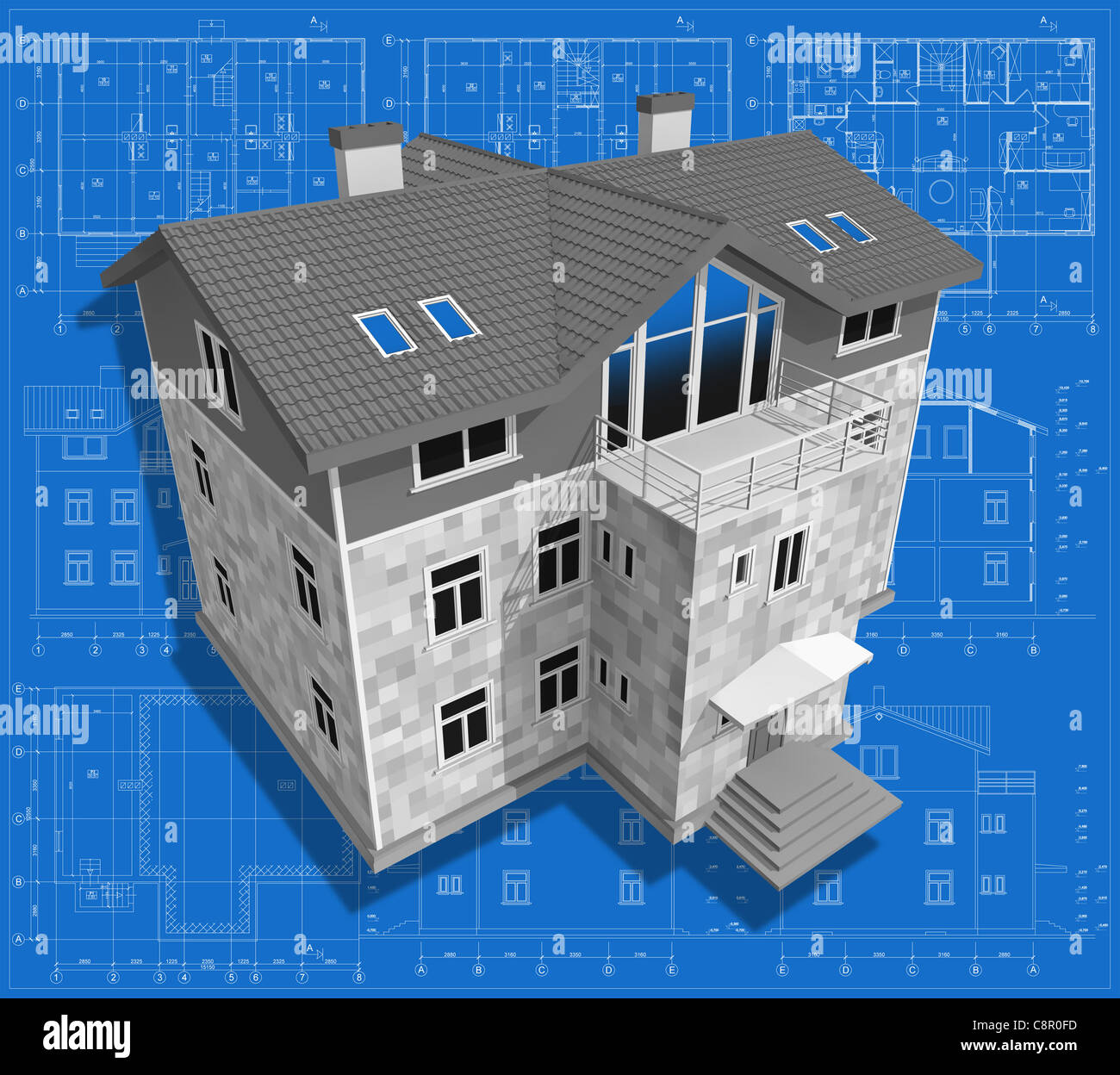 3D isometric view of residential house on architect drawing Stock Photo ...