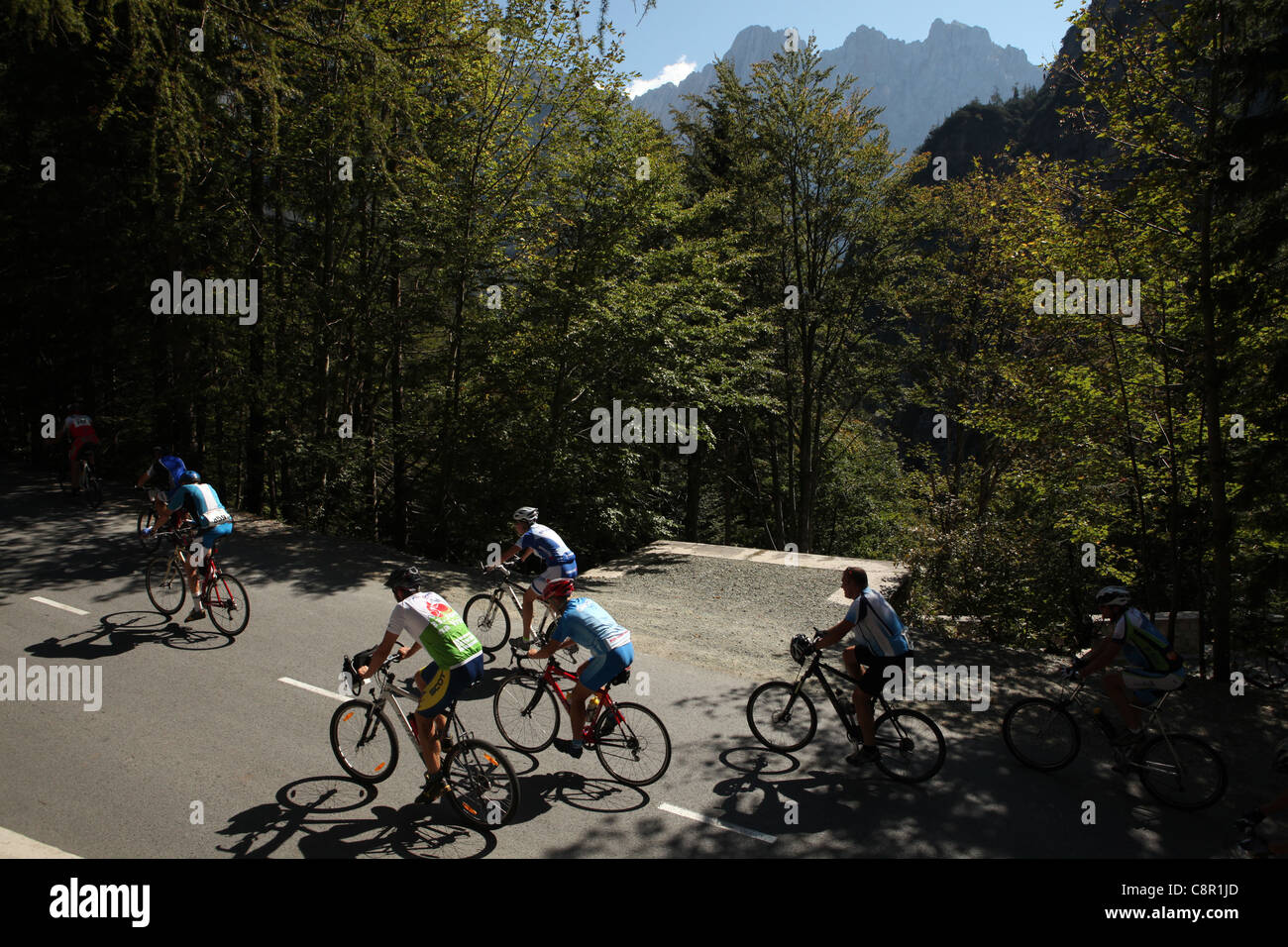 Cycle race by the Russian road to the Vrsic mountain pass in the Julian ...