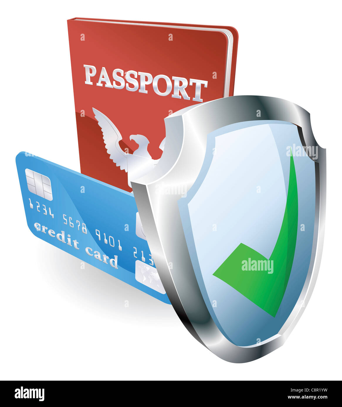 Personal identity documents with shield icon indicating they are ...