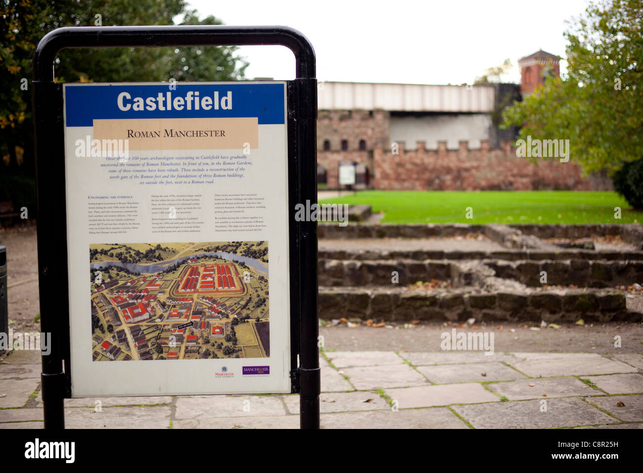 Remains and reconstructed wall of the Roman Fort near the river Irwell ...
