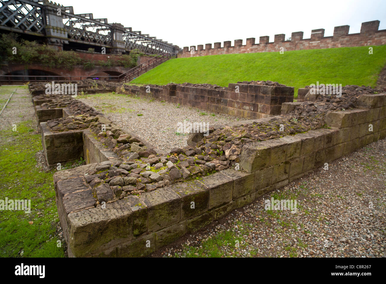 Remains and reconstructed wall of the Roman Fort near the river Irwell ...