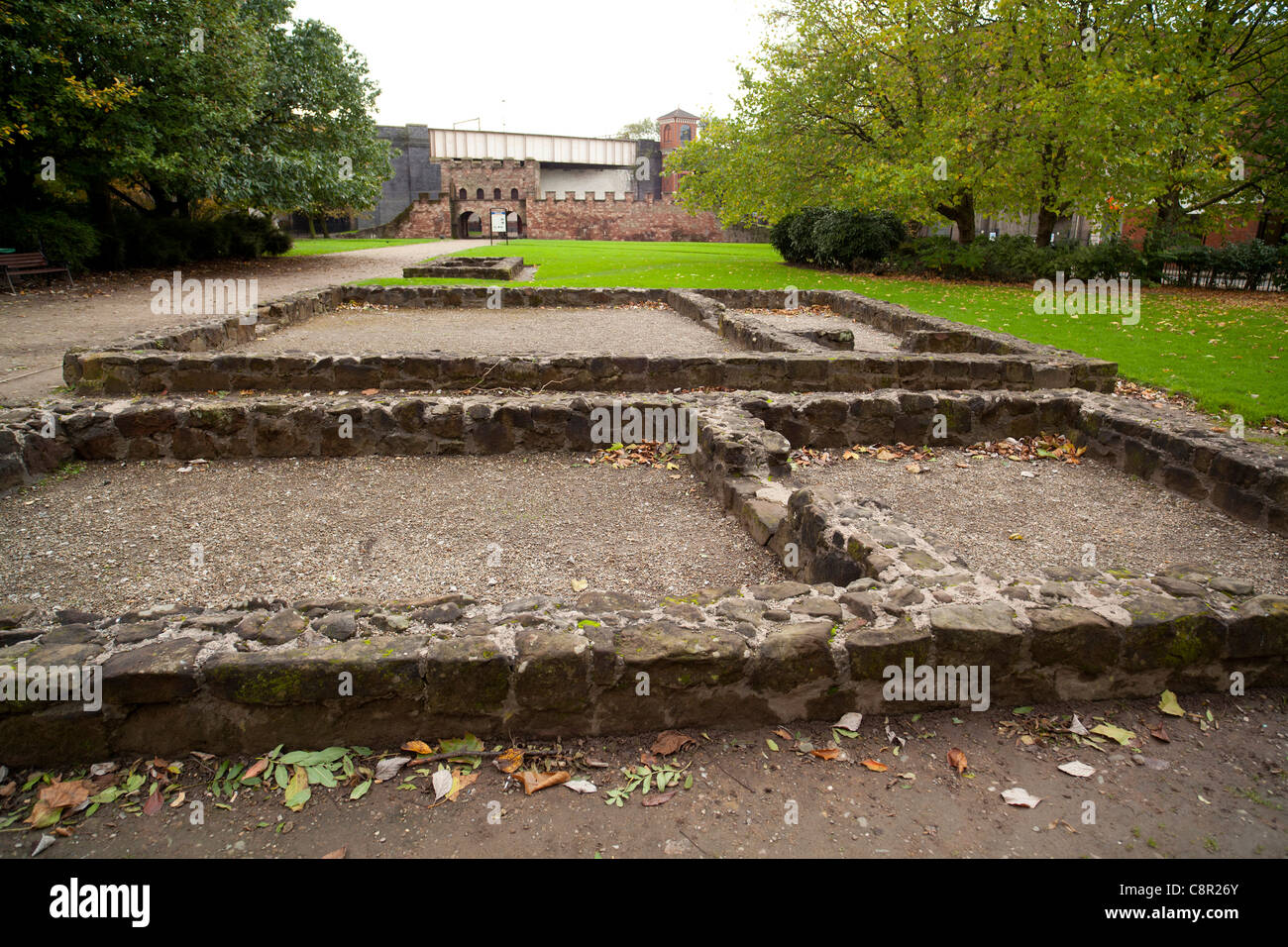 Remains and reconstructed wall of the Roman Fort near the river Irwell ...