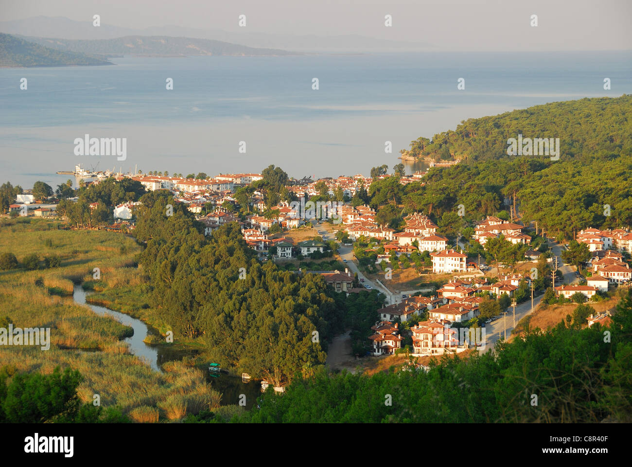 AKYAKA, TURKEY. A dawn view of the town, the Azmak river and the Gulf ...