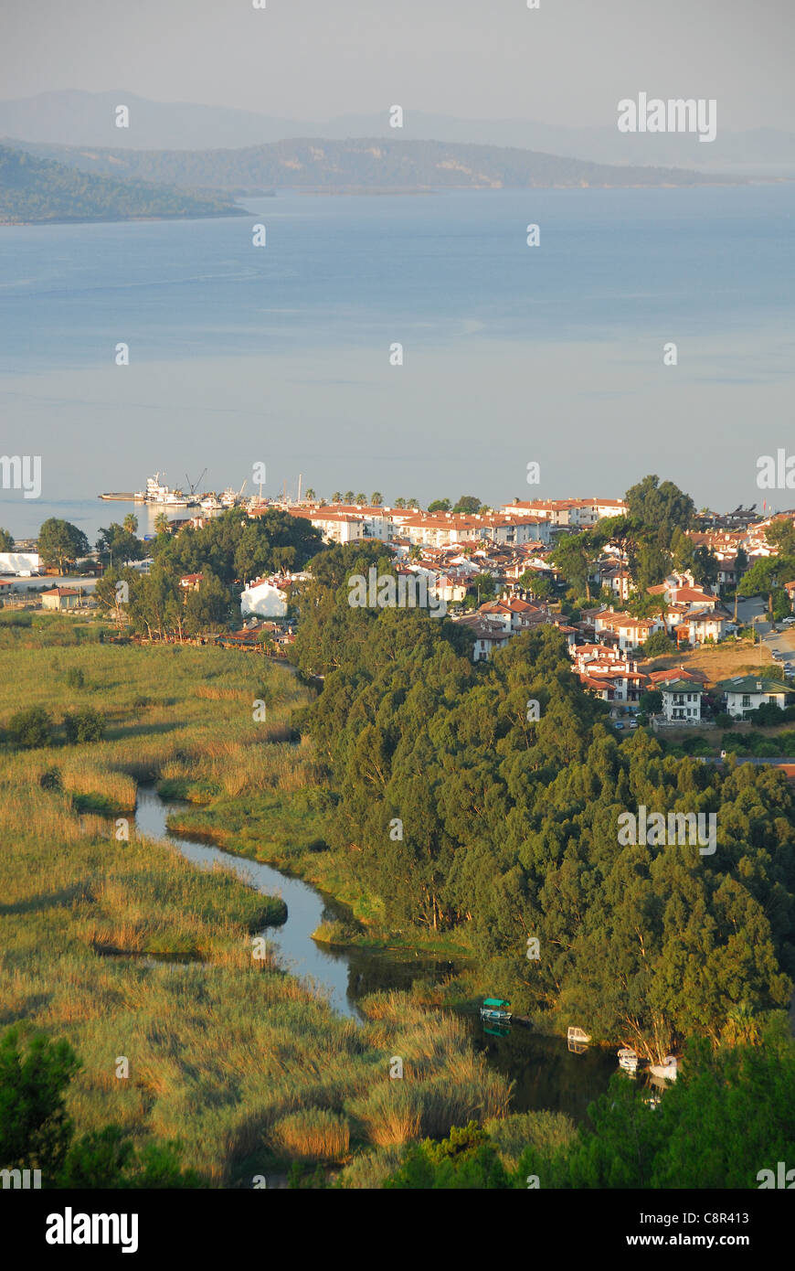 AKYAKA, TURKEY. A view of the town, the Azmak river and the Gulf of ...