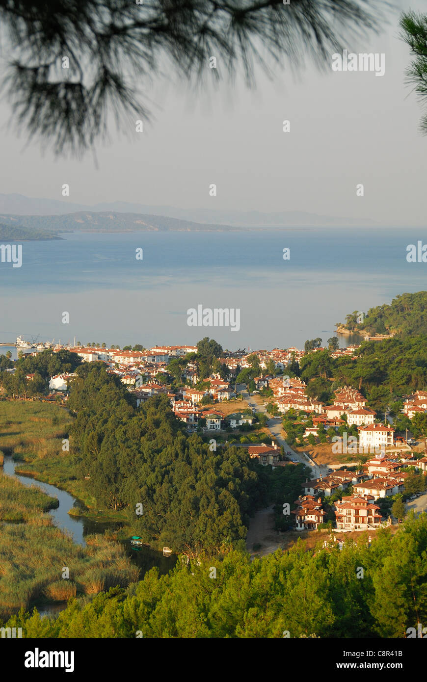 AKYAKA, TURKEY. A view of the town, the Azmak river and the Gulf of ...