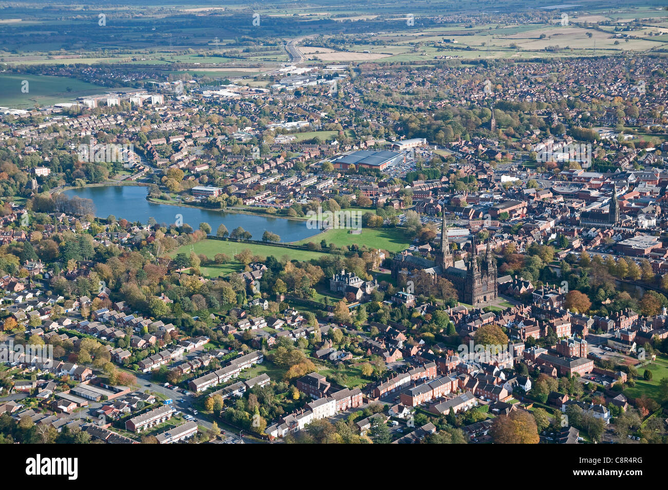 Aerial view of Lichfield Staffordshire with Cathedral and Stowe Pool ...