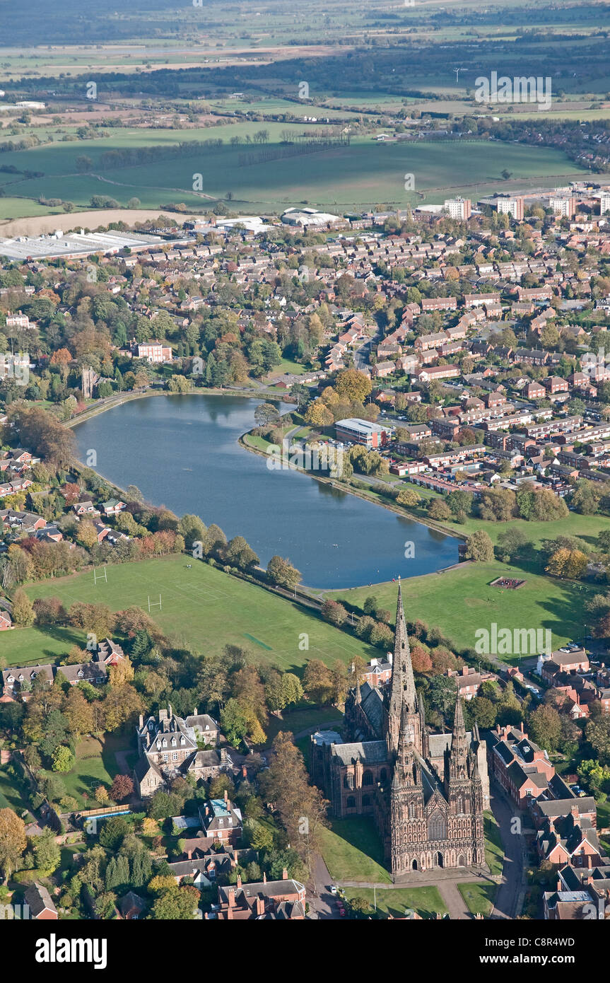 Aerial view of Lichfield Cathedral and city with Stowe Pool visible ...