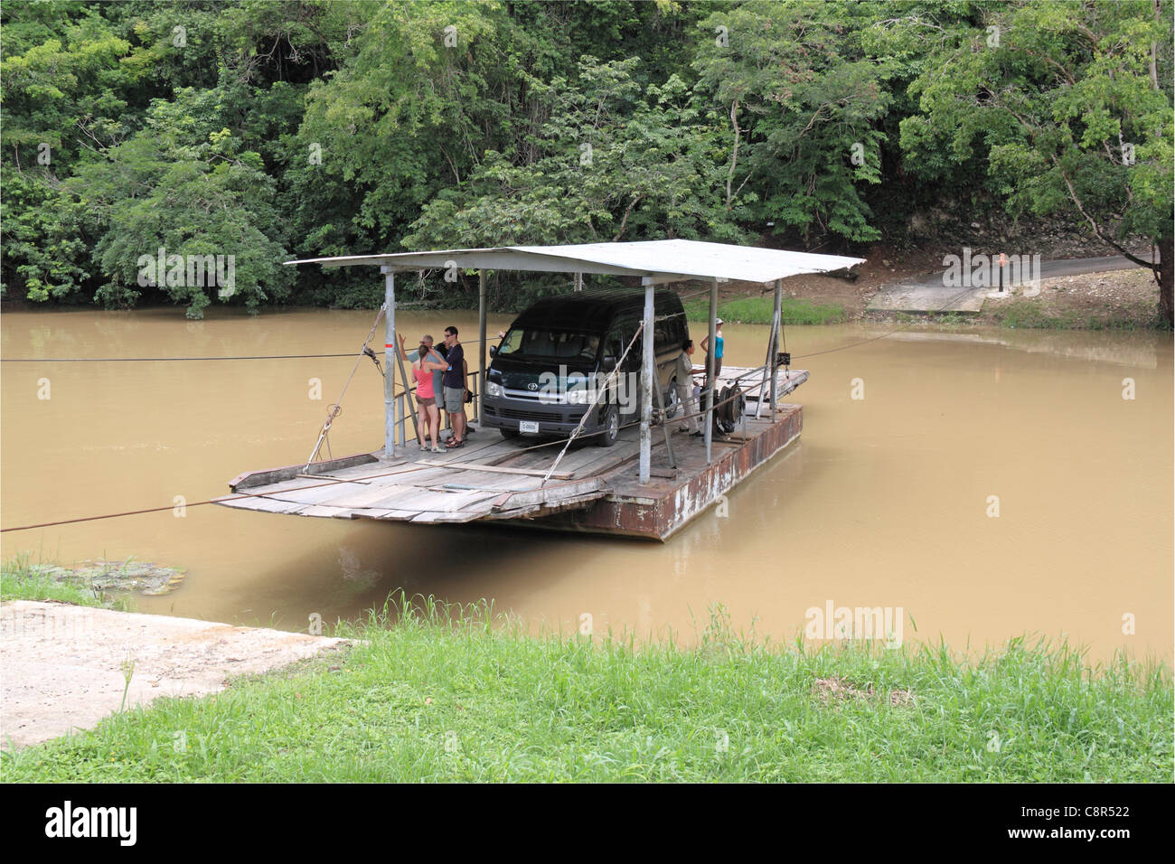 Hand-winched cable ferry across Mopan River to Xunantunich, San Jose ...