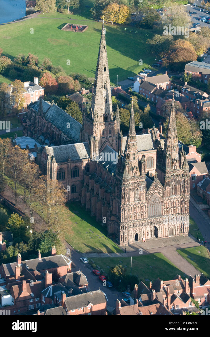 Aerial view of Lichfield Cathedral with its three spires Staffordshire ...