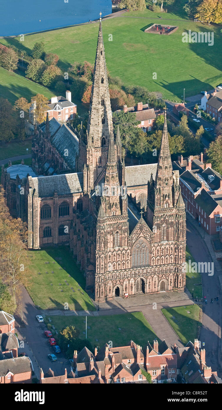 Aerial view of Lichfield Cathedral with its three spires Staffordshire ...