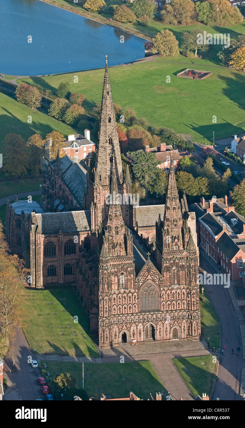 Aerial view of Lichfield Cathedral with its three spires Staffordshire ...