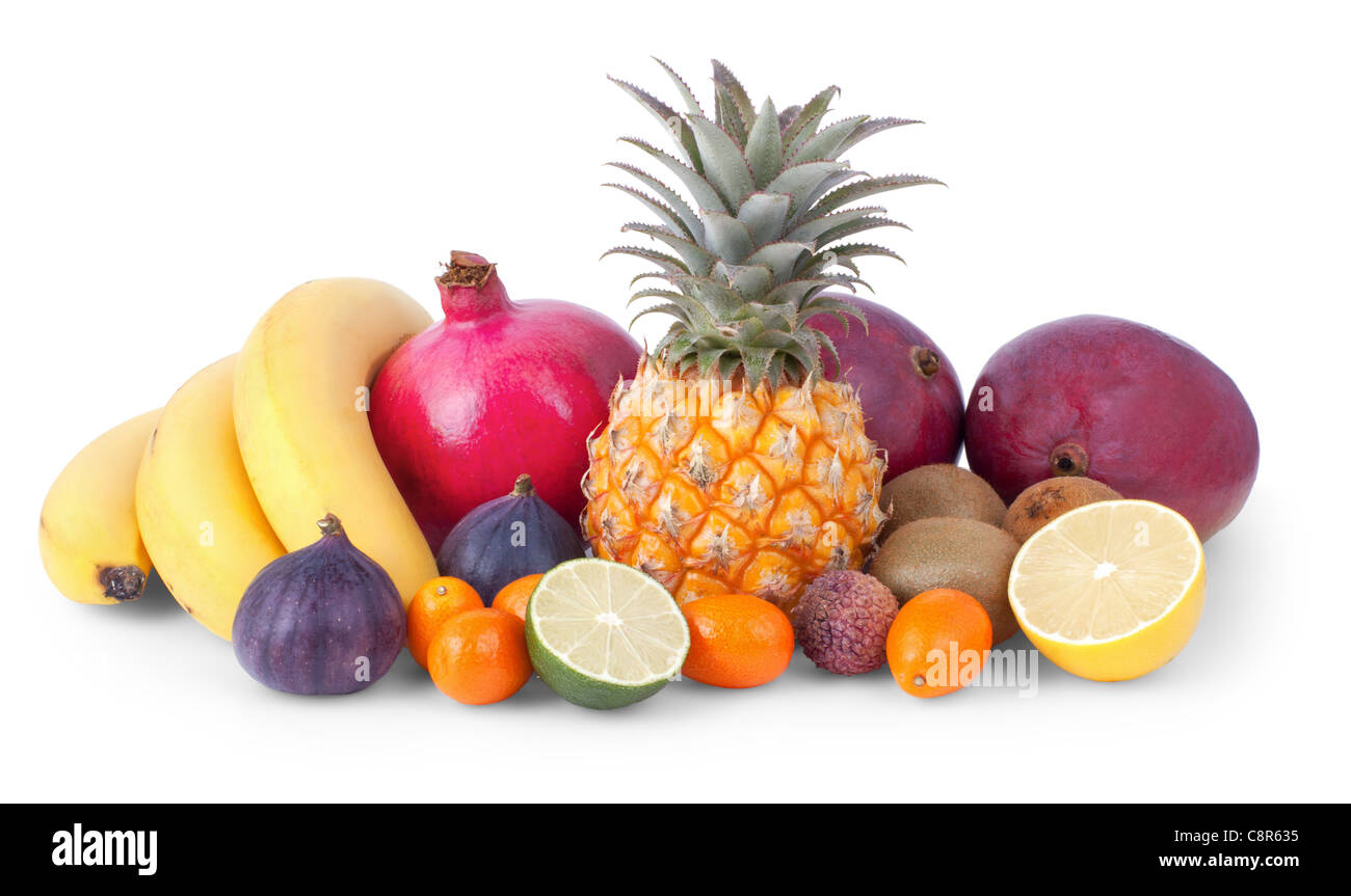 still life of tropical fruits isolated over white background Stock ...
