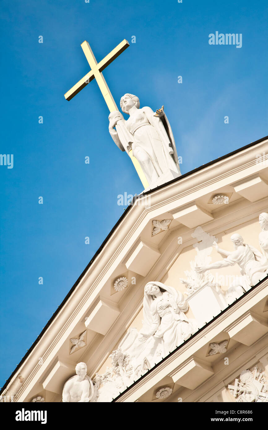 Statues and cross at the top of Vilnius Cathedral, Lithuania Stock ...