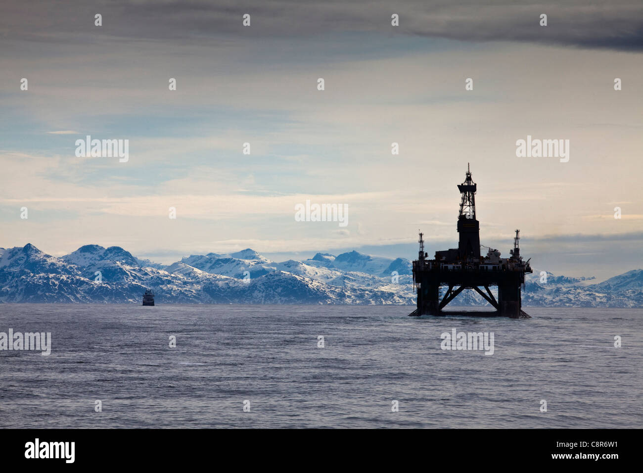 The exploratory drilling rig Leiv Eiriksson off the coast of Greenland ...