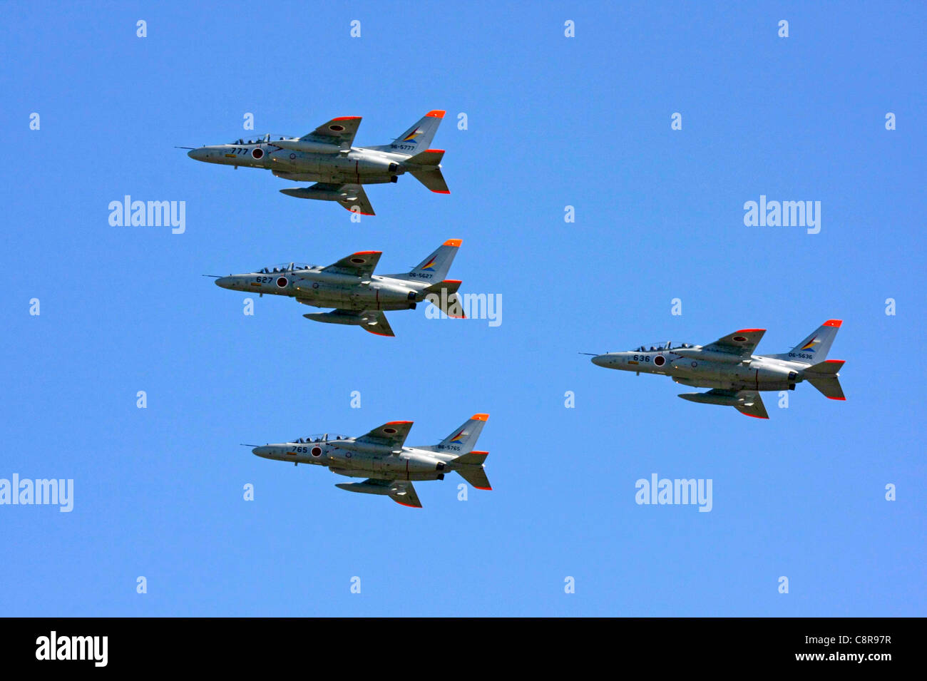 Formation flight of Kawasaki T4 trainer of Japan Air Self Defense Force ...
