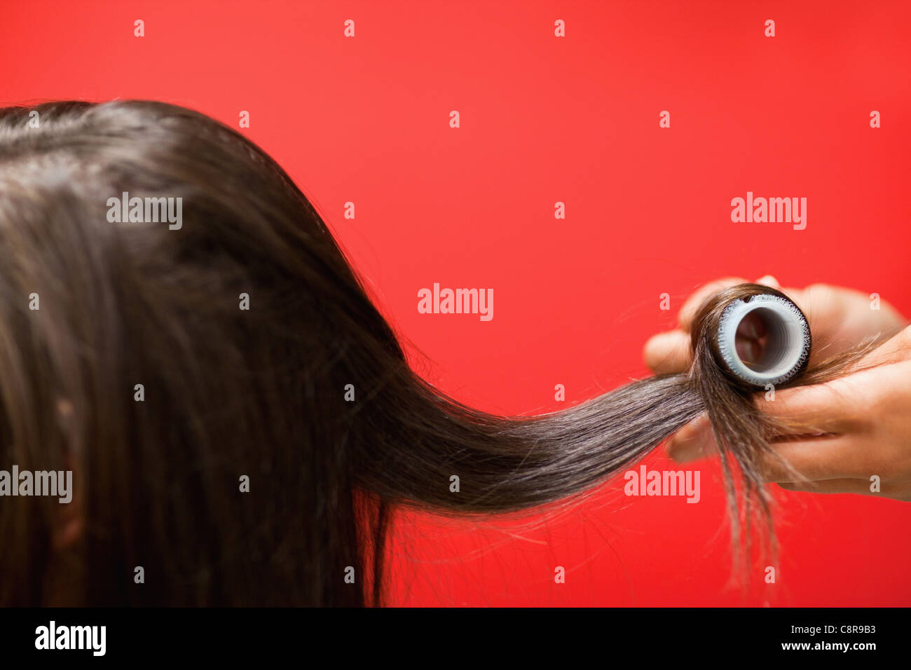 Female hairdresser rolling up curlers for her client in salon Stock ...