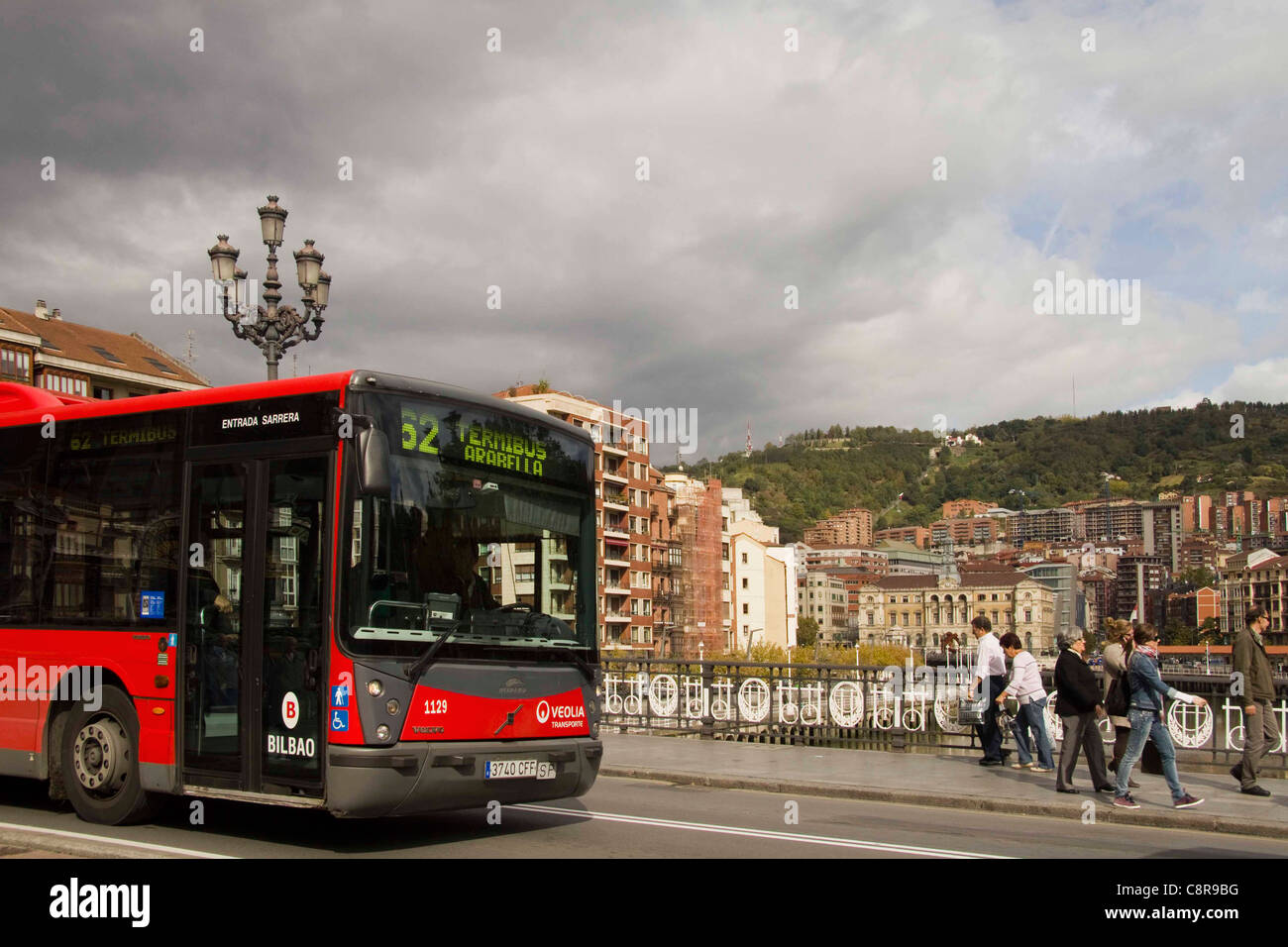 Red Bilbo bus on Ponte del Arenal, Bilbao Basque Country Spain Stock ...