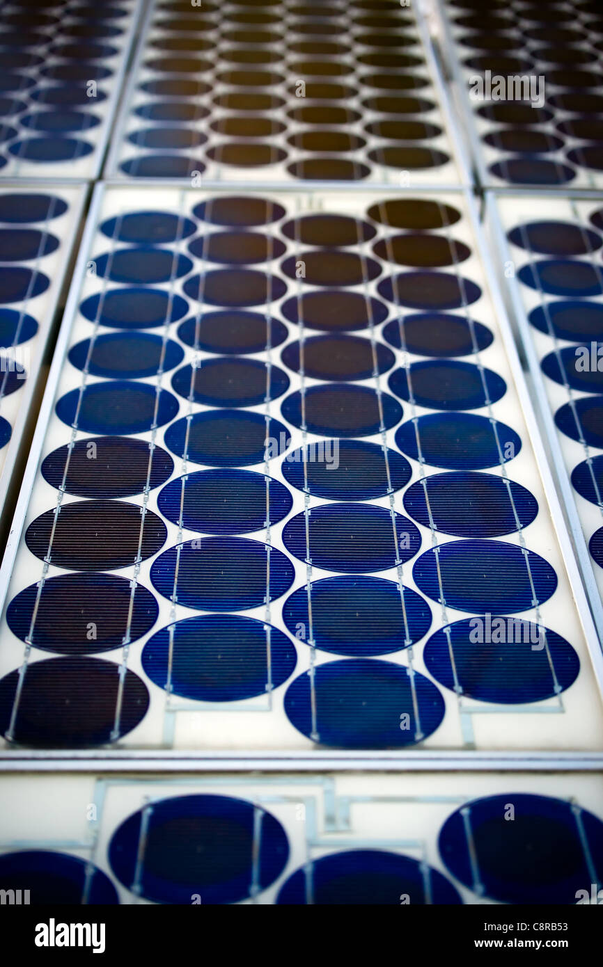 A closeup image of a series of photovoltaic cells in an array of solar ...