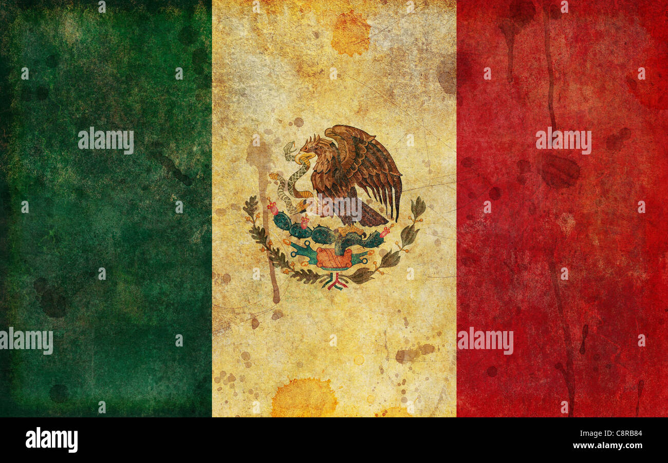 An old, faded, aged and worn Mexican flag in a grunge illustration ...