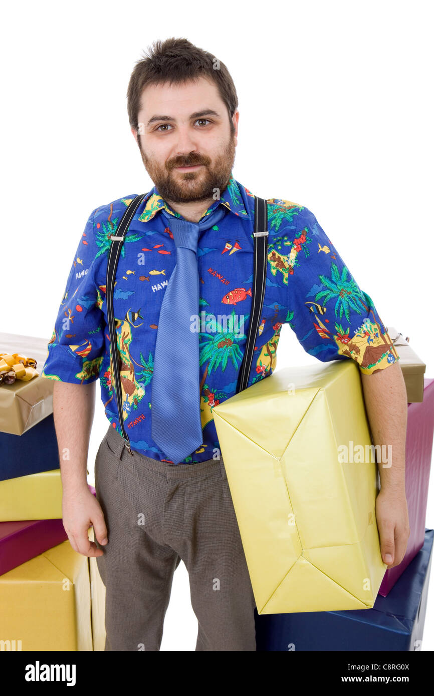 happy silly salesman with some boxes, isolated on white Stock Photo - Alamy