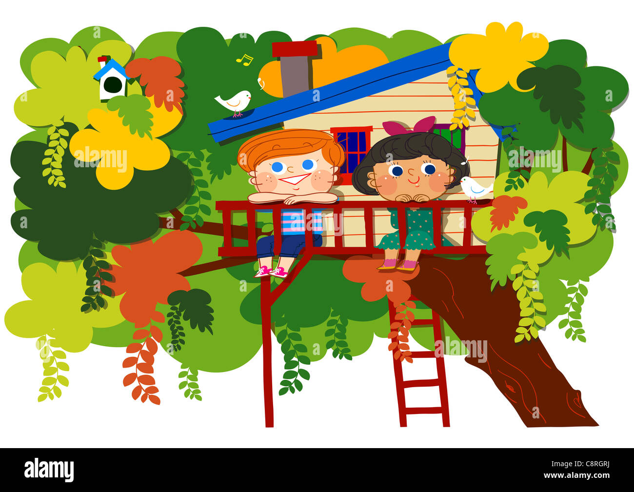 Smiling children on tree house Stock Photo - Alamy