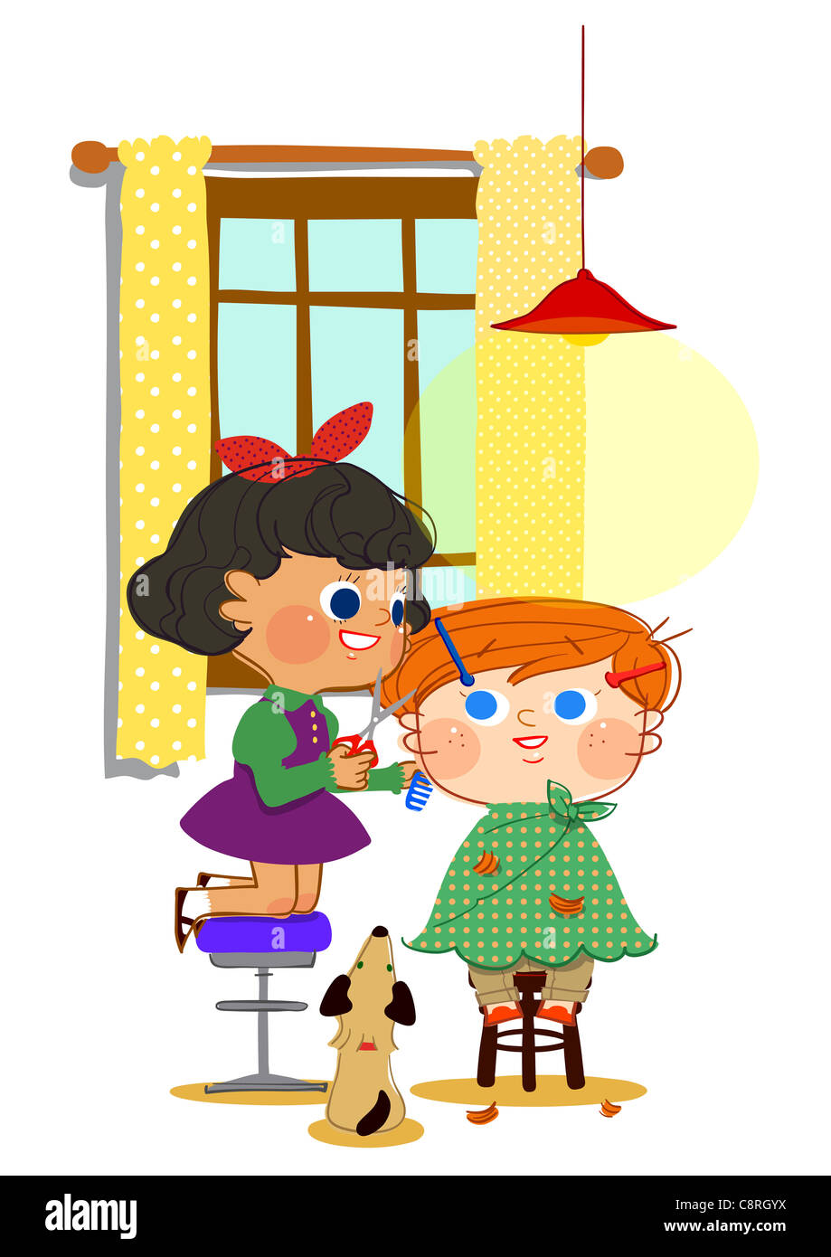 Illustration of a boy getting a haircut Stock Photo - Alamy