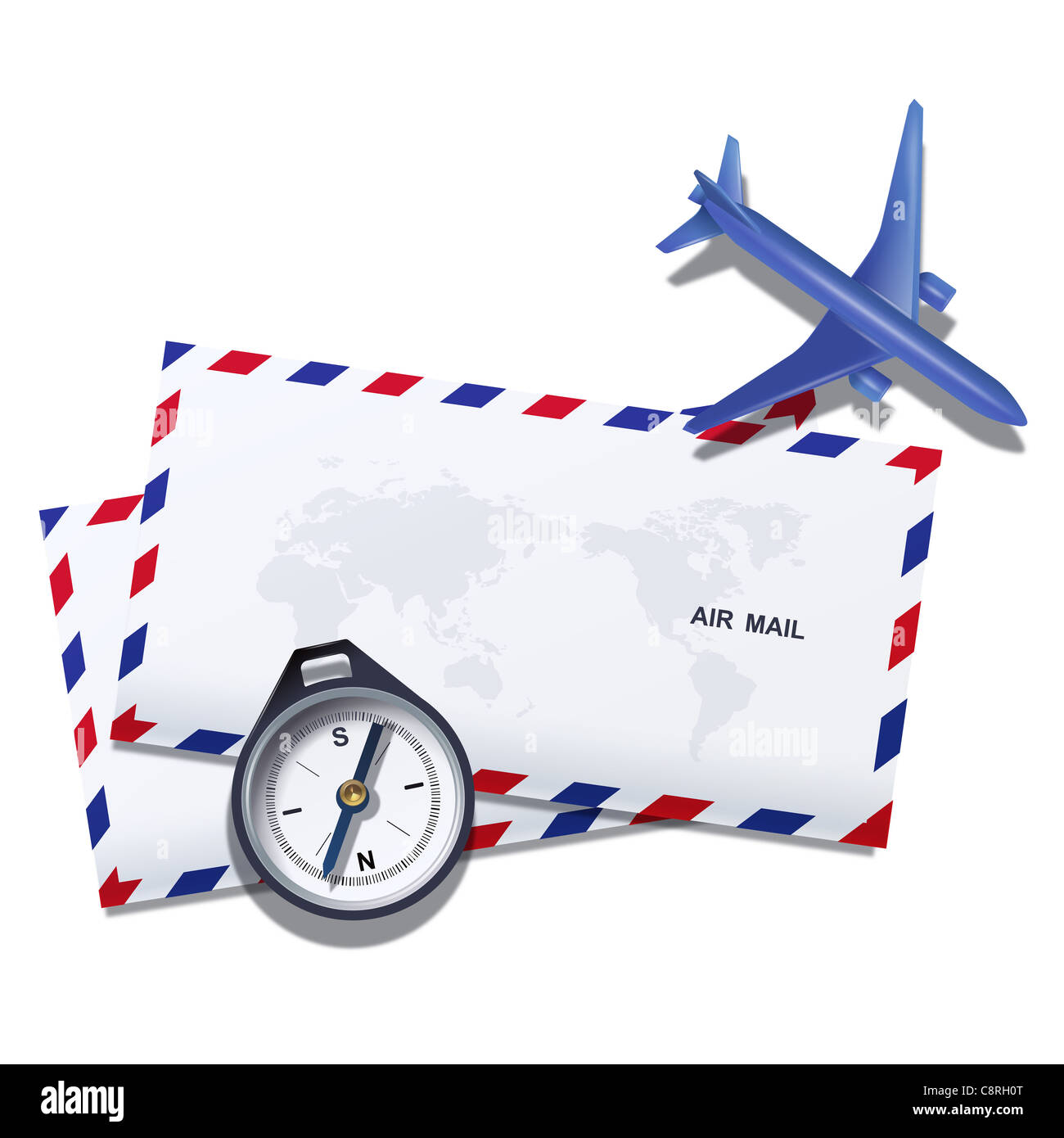 Illustration of air mail envelope, compass and airplane on white ...