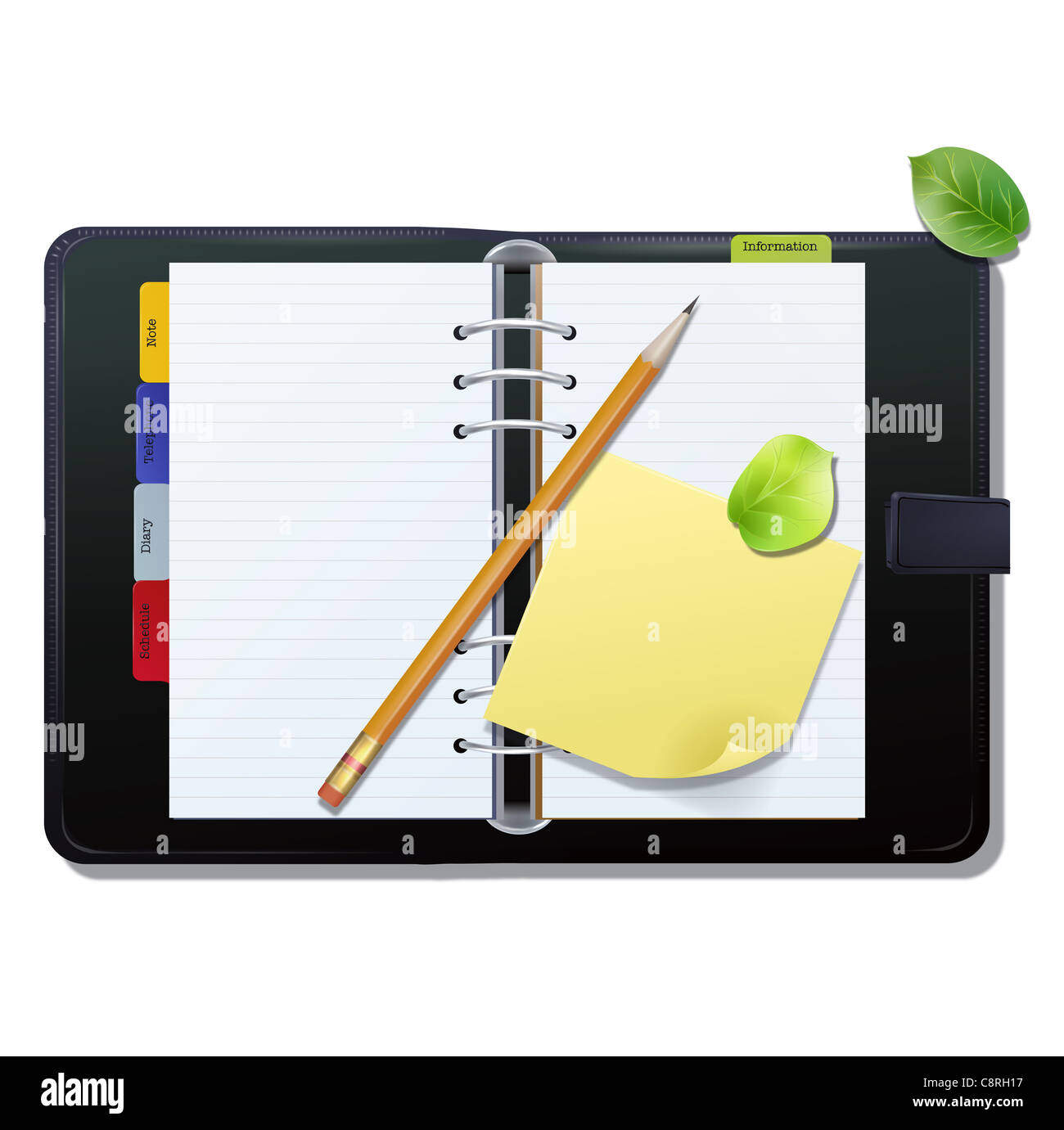 Illustration of spiral diary with pencil and memo note Stock Photo - Alamy