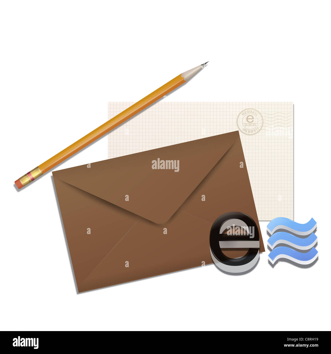 Illustration of envelope and letter E with a pencil over white ...