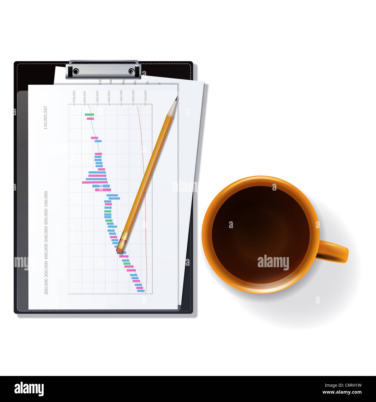Illustration of clipboard, pencil and coffee cup Stock Photo - Alamy