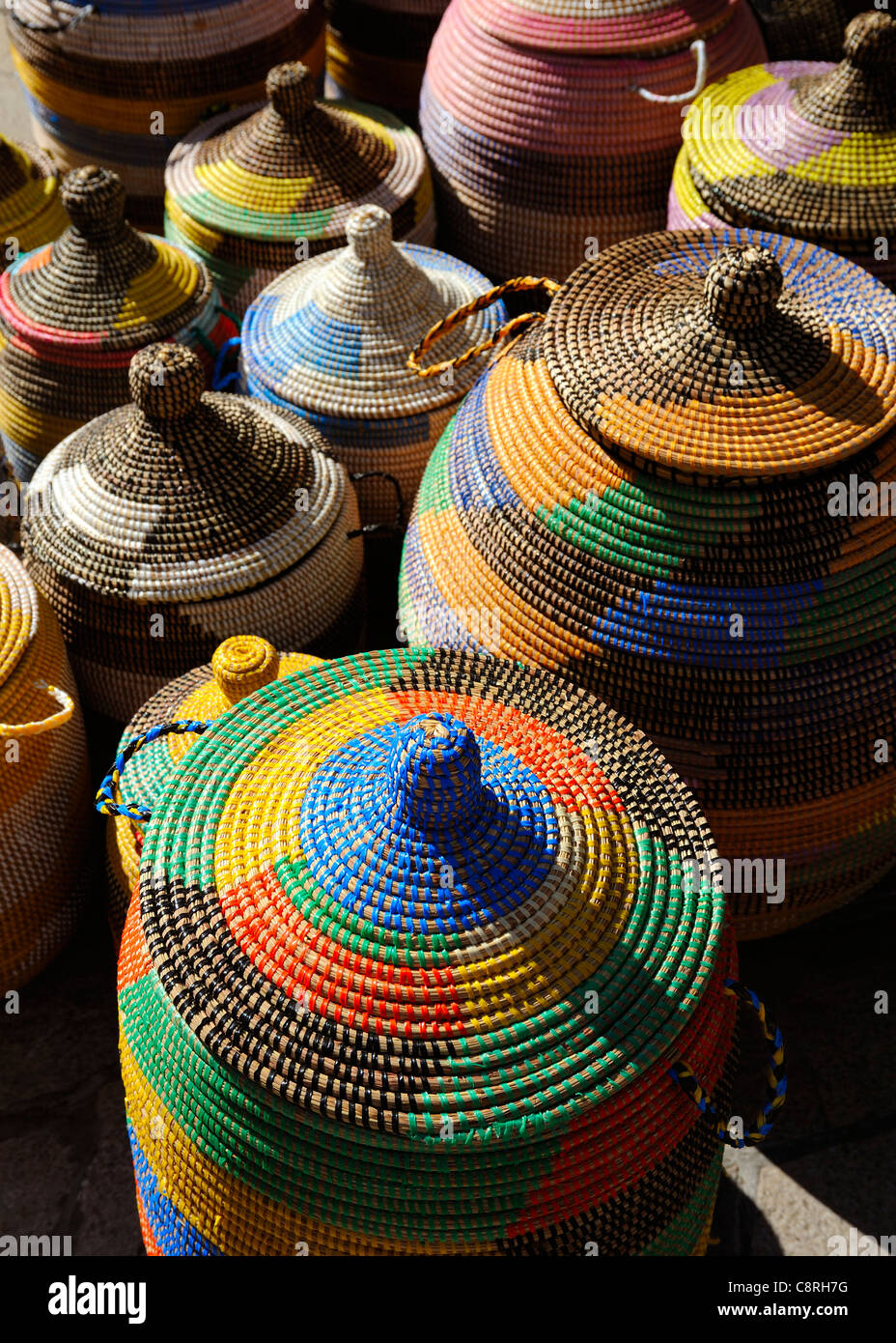 COLOURFUL WOVEN BASKETS IN A STREET MARKET MALLORCA MAJORCA SPAIN ...