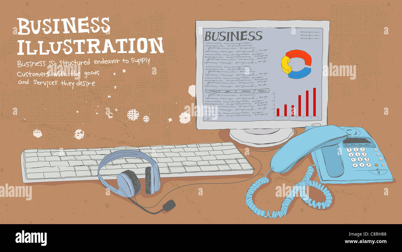 Illustration of desktop computer and telephone Stock Photo - Alamy