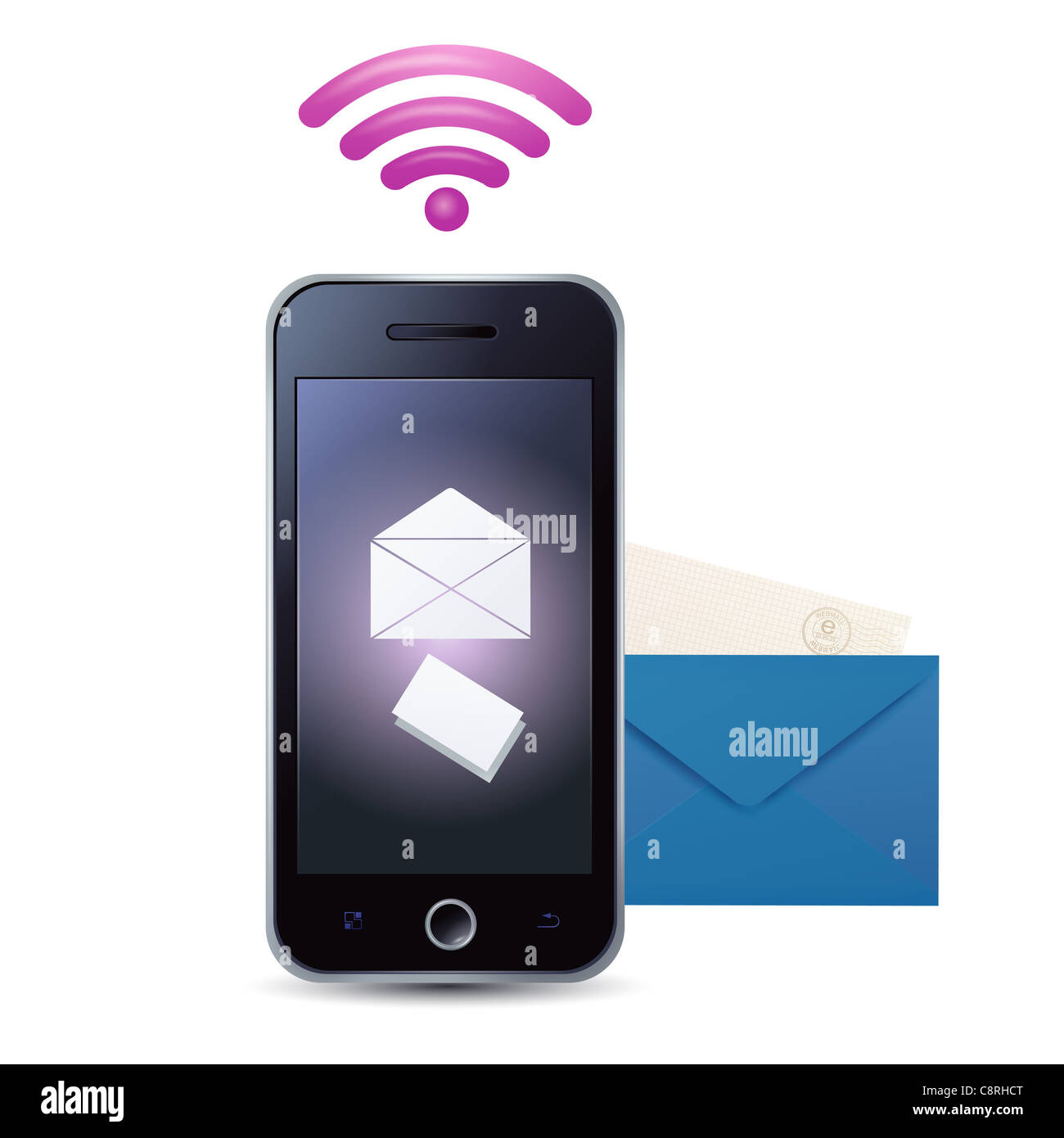 Illustration of smart phone with envelopes in background Stock Photo ...