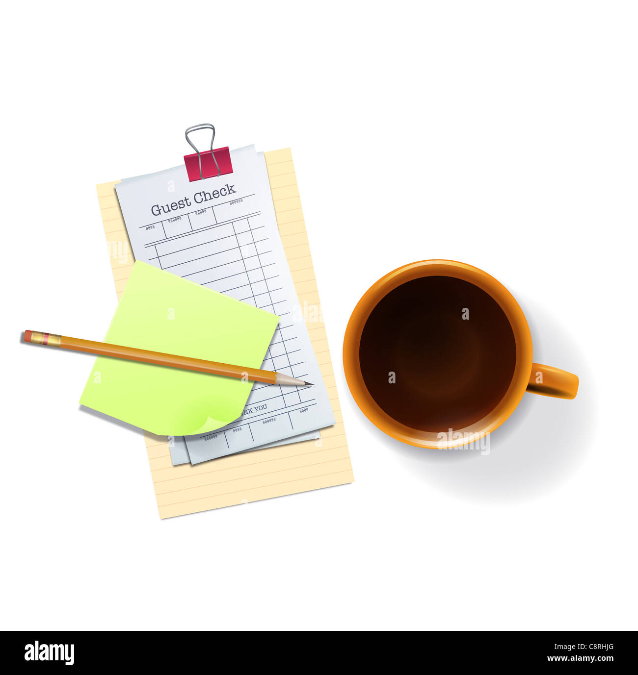 Illustration on guest check list with coffee Stock Photo - Alamy