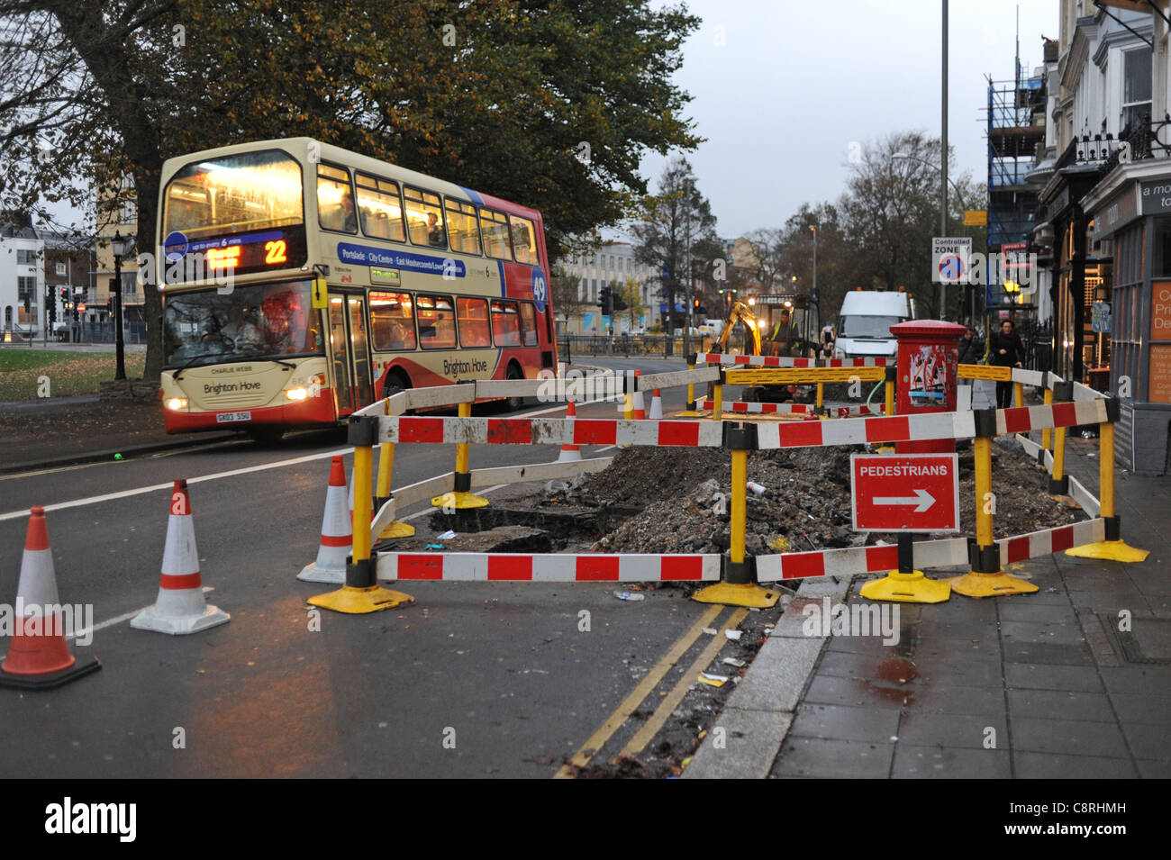 Brighton city centre roadworks mending a gas pipe at dusk UK Stock ...
