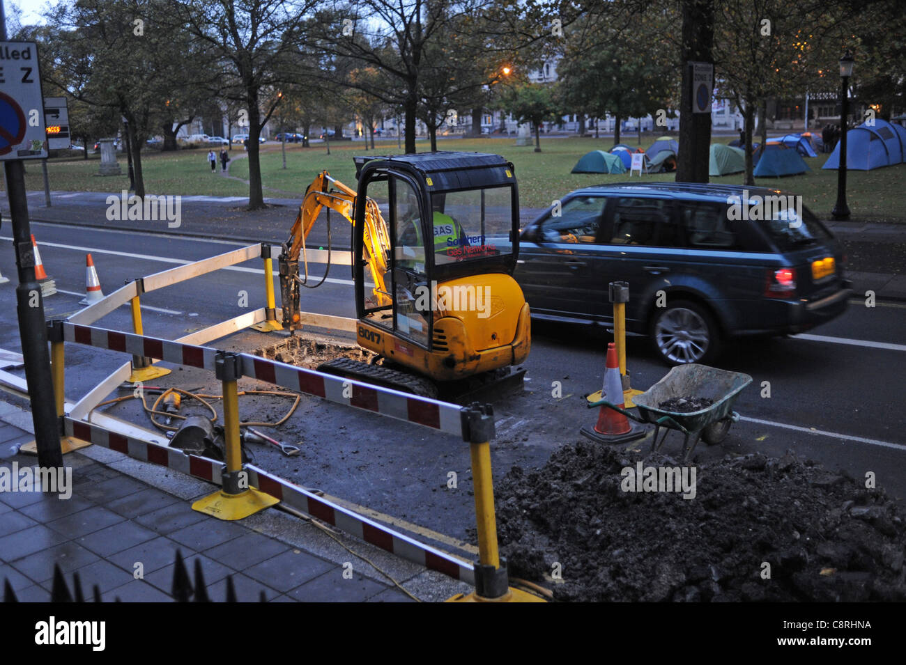 Brighton city centre roadworks mending a gas pipe at dusk UK Stock ...
