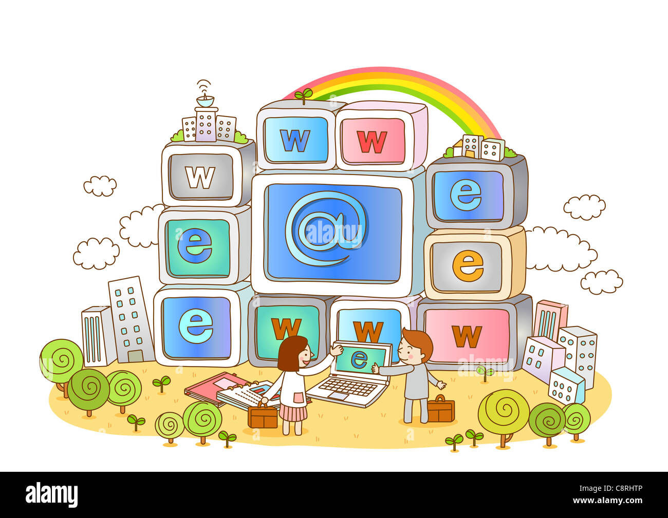 Illustration of internet symbols and people Stock Photo - Alamy