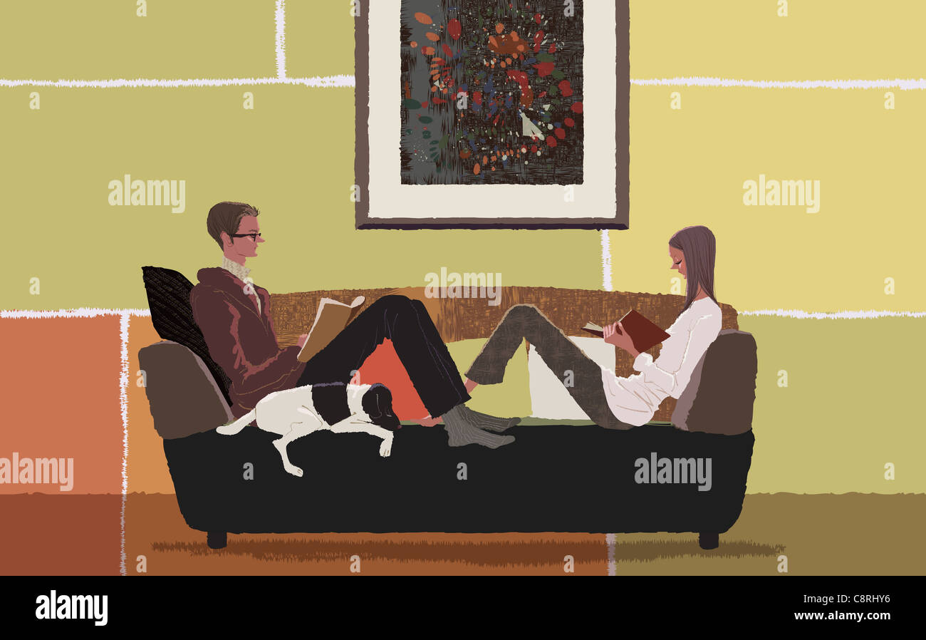 Man and woman reading book Stock Photo - Alamy