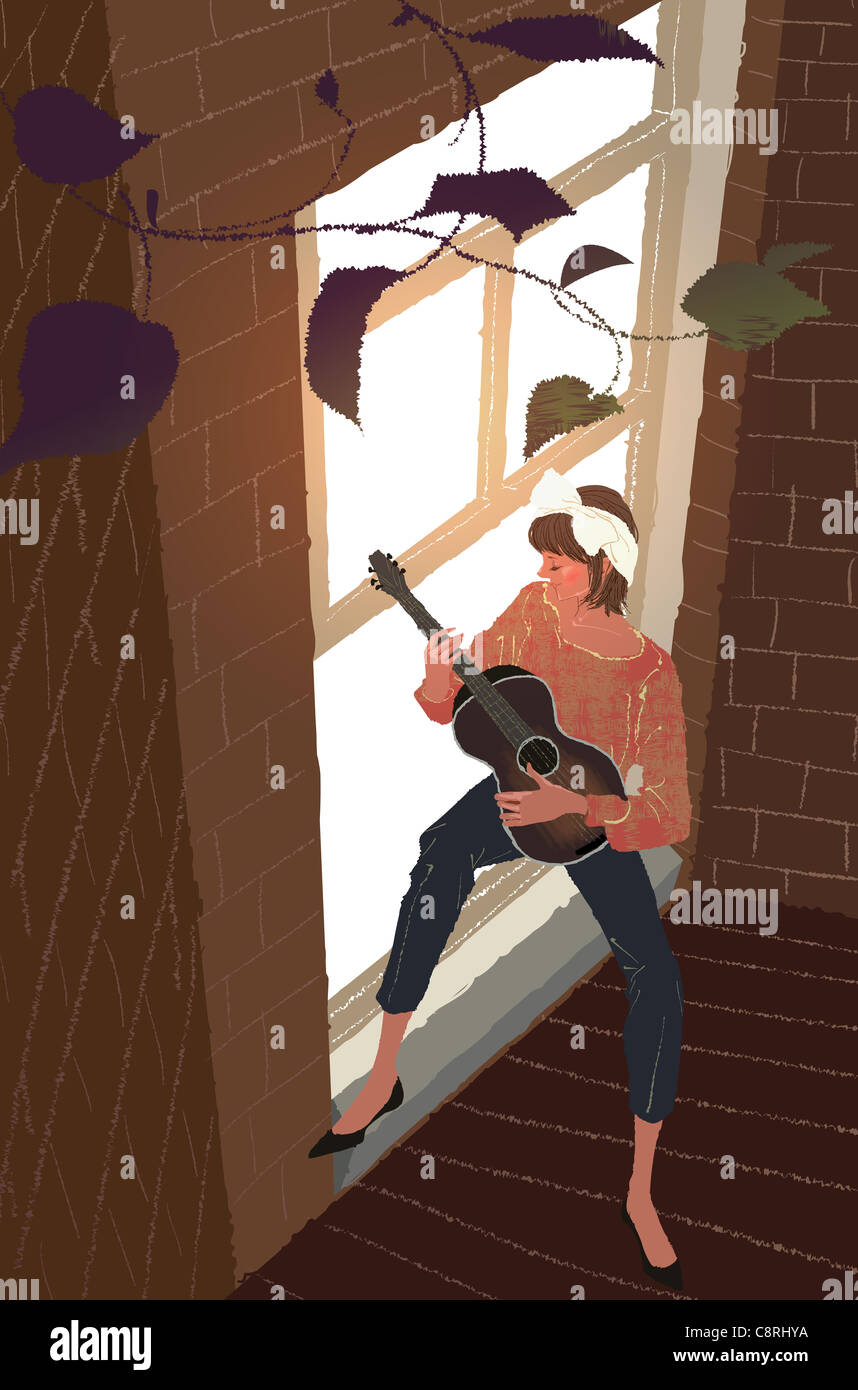 Woman playing guitar on window Stock Photo - Alamy