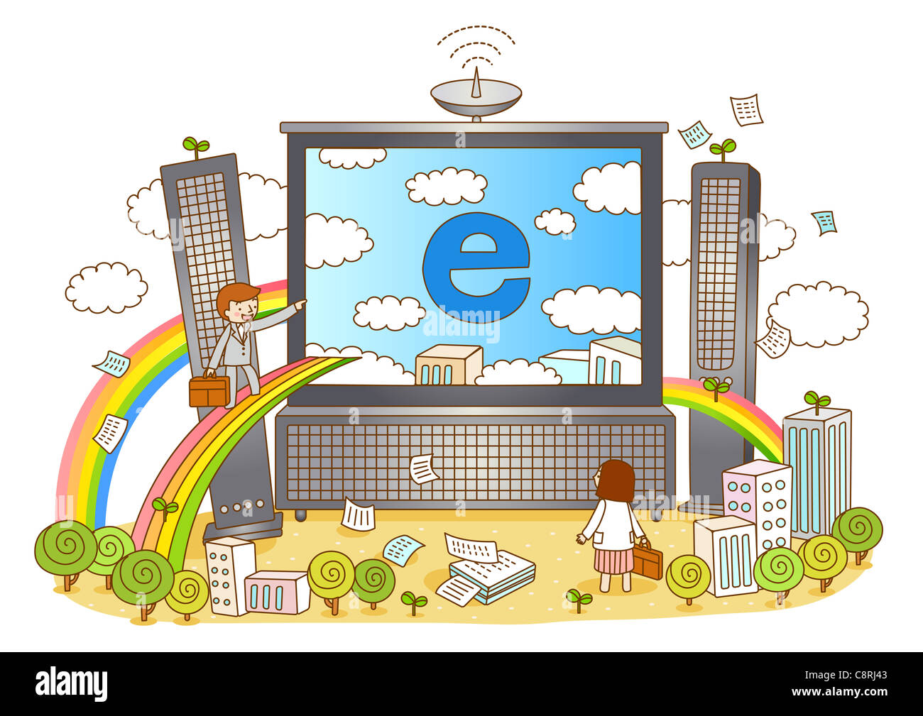 Executive pointing towards television screen Stock Photo - Alamy