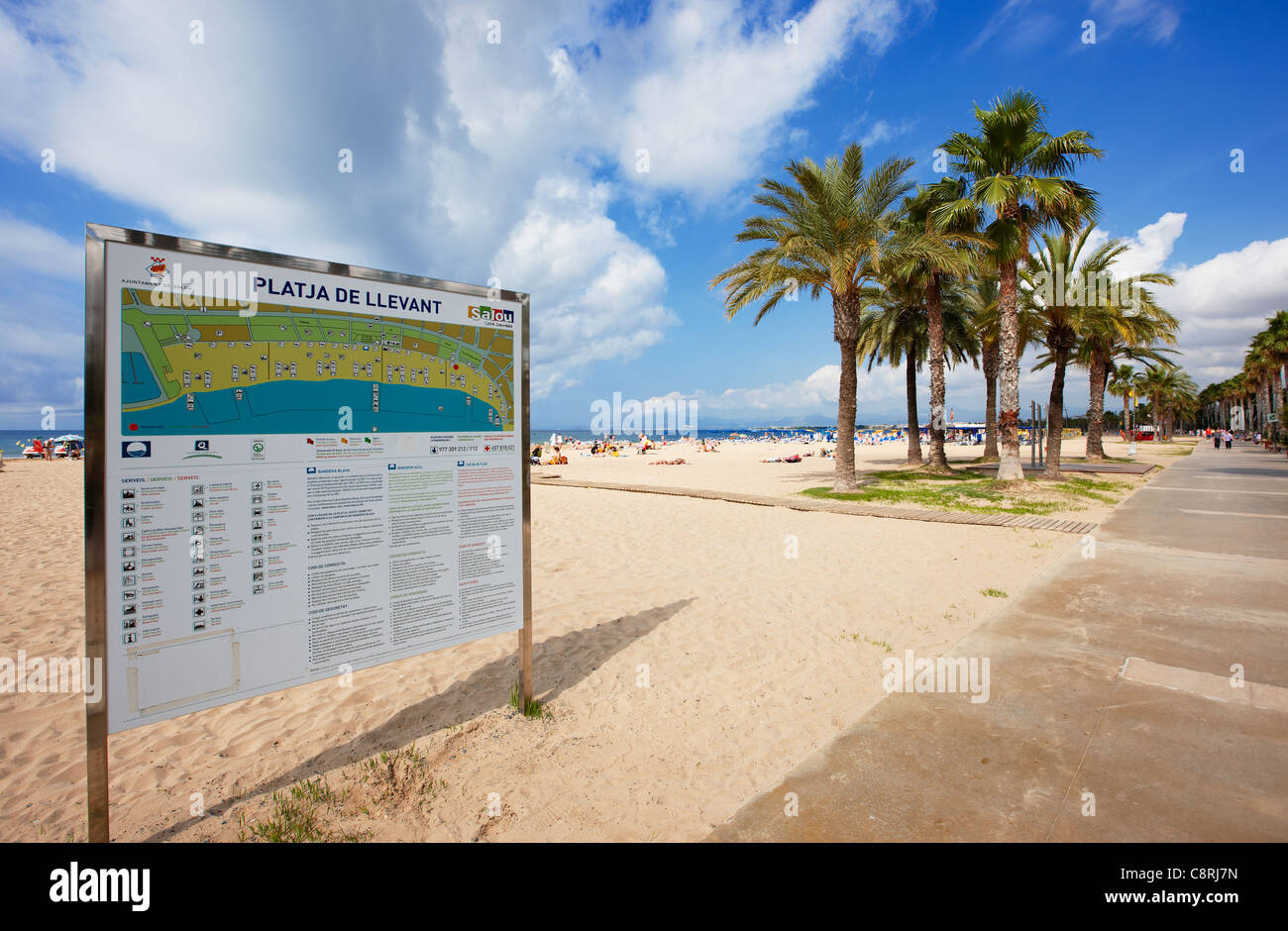 View of the sandy Llevant beach from beachfront promenade. Salou ...