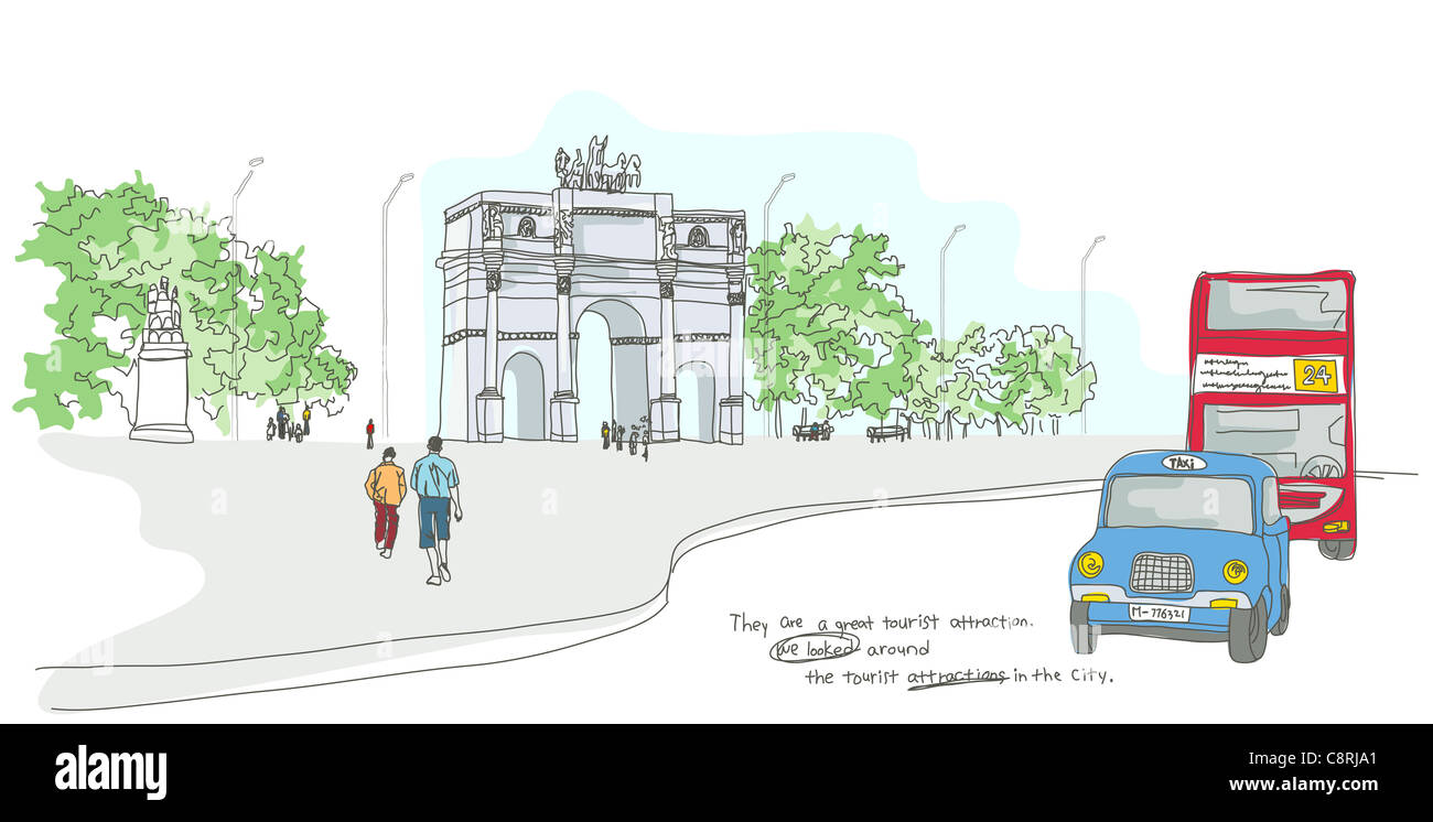Illustration of people visiting famous place Stock Photo - Alamy