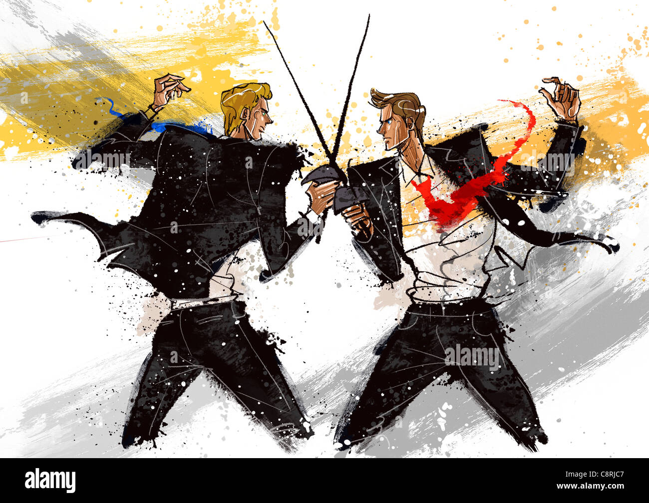 Illustration of two businessmen sword fighting Stock Photo - Alamy