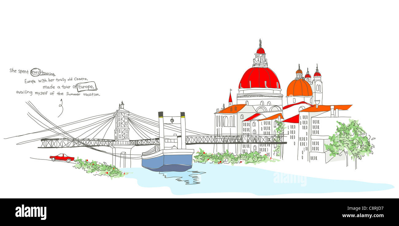 Illustration of boat, bridge and building Stock Photo - Alamy